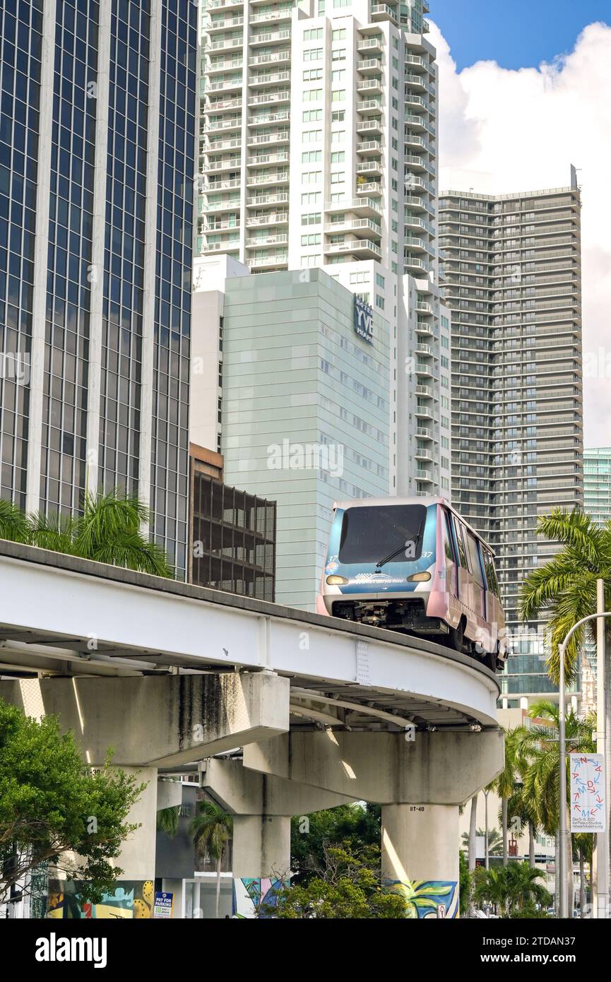 Miami, Florida, USA - 3 December 2023: Train on the Metromover light ...