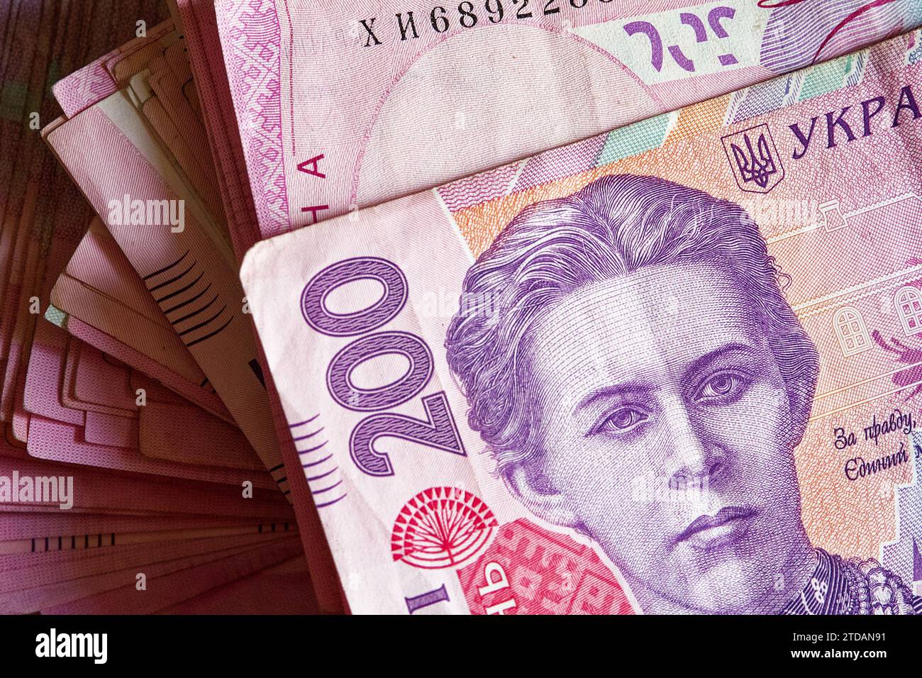 An arrangement of Ukrainian 200 hryvnia banknotes, featuring a ...