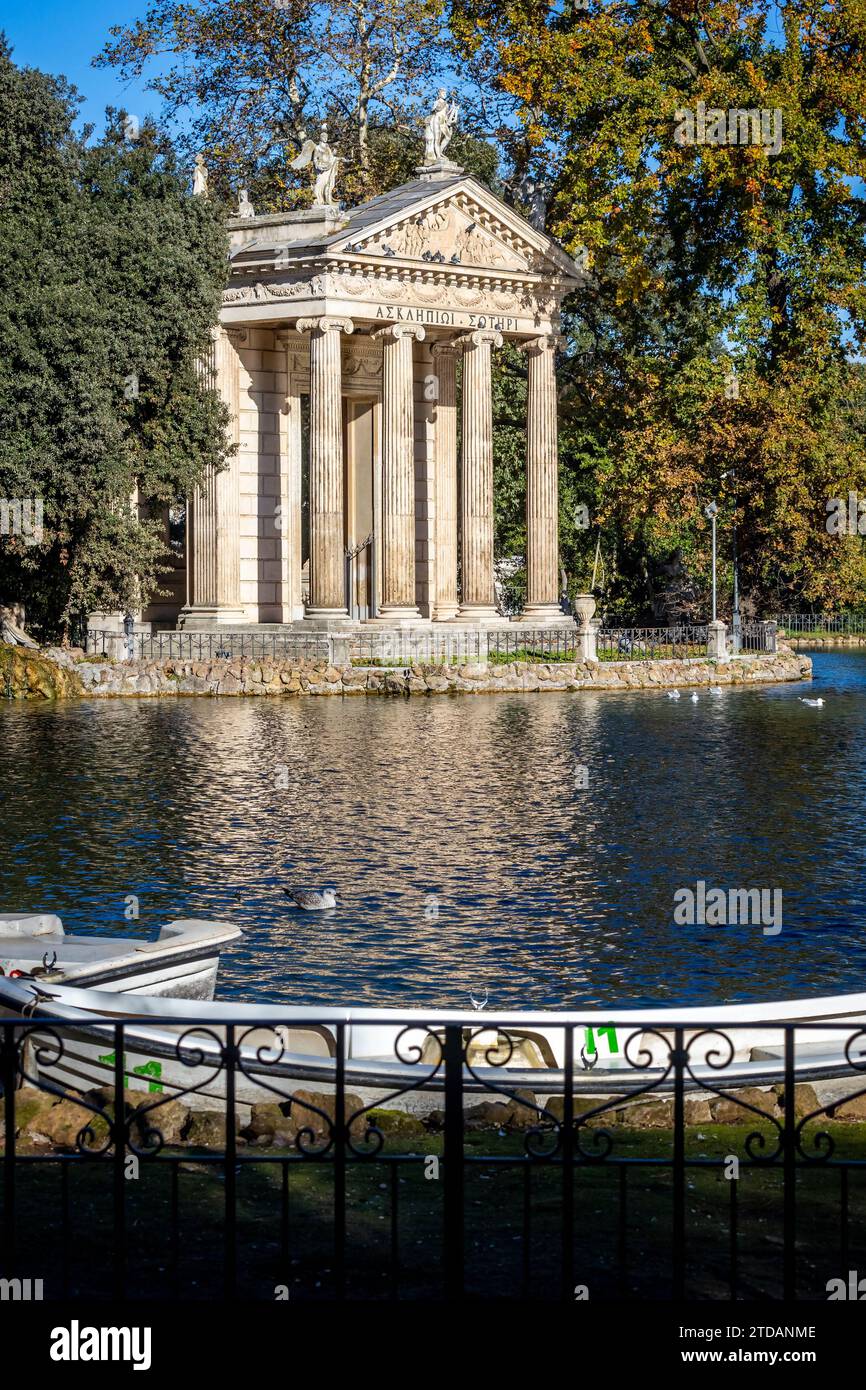 Temple of Aesculapius ancient building view at the lake of Villa Borghese in Rome Italy Stock ...