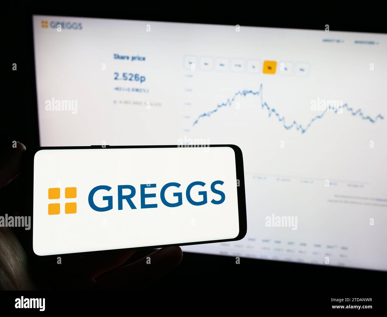 Person holding mobile phone with logo of British bakery chain company ...