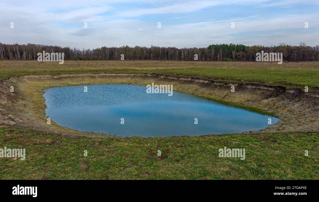 A serene field with a small pond is depicted, the green grass and trees ...
