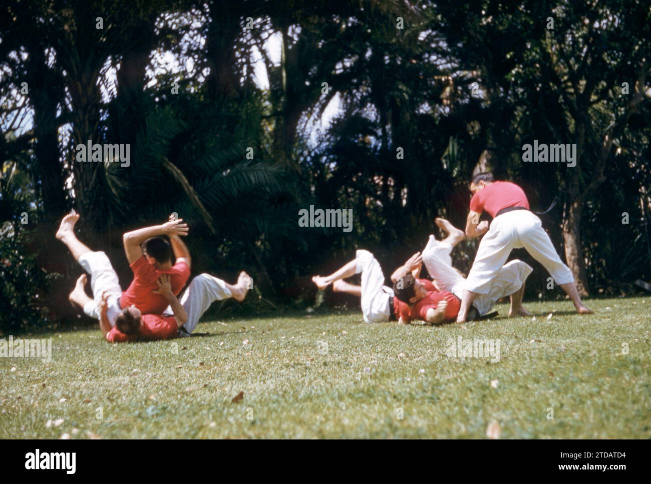 1950'S: A group of men practice karate flipping moves circa 1950's ...