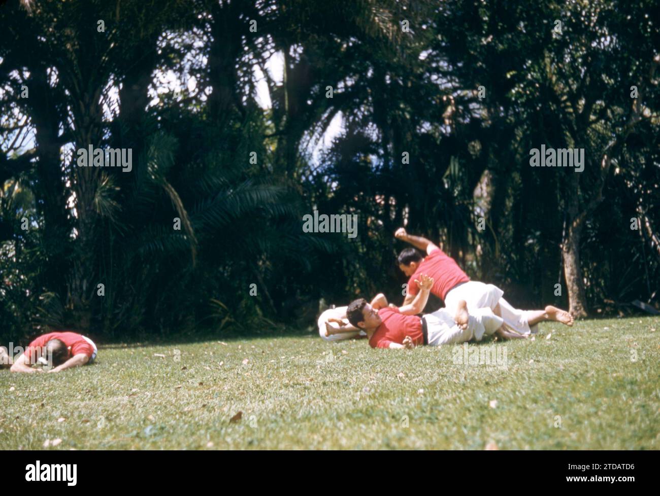 1950'S: A group of men practice karate flipping moves circa 1950's ...