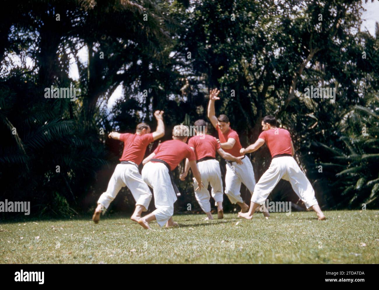 1950'S: A group of men practice karate flipping moves circa 1950's ...