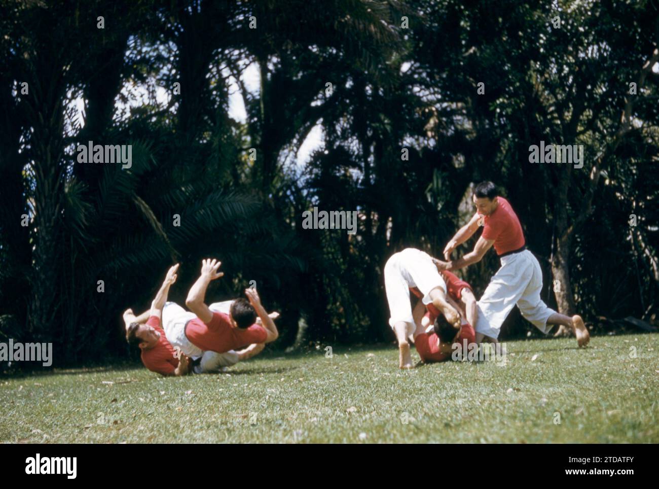 1950'S: A group of men practice karate flipping moves circa 1950's ...