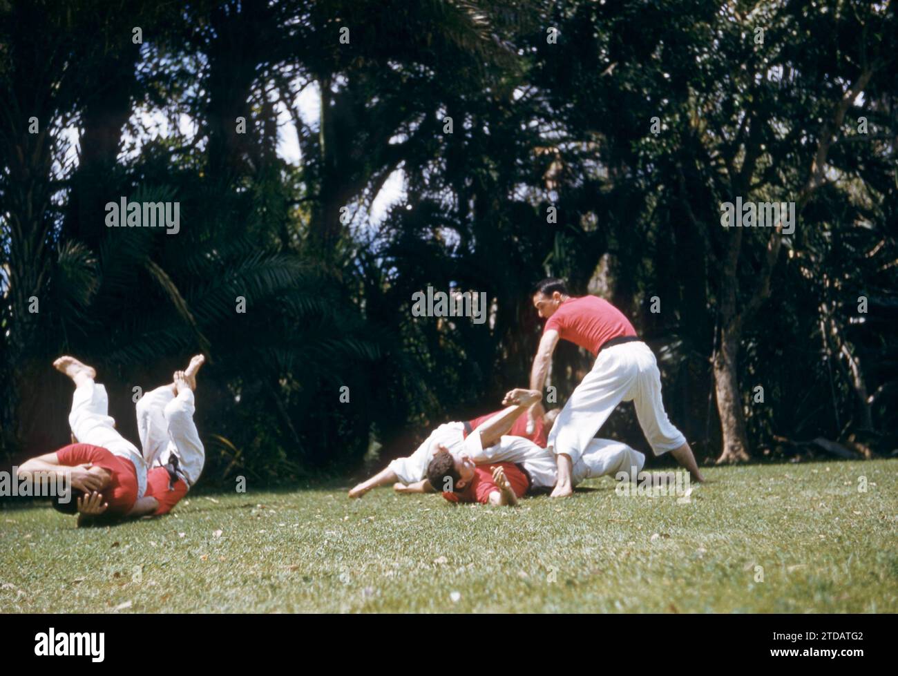 1950'S: A group of men practice karate flipping moves circa 1950's ...