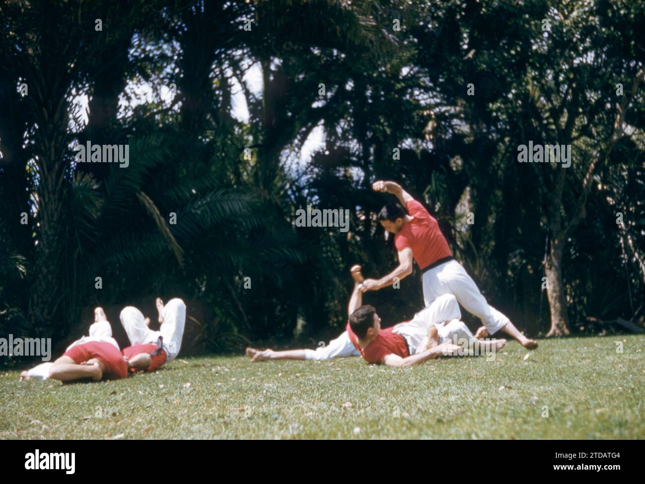 1950'S: A group of men practice karate flipping moves circa 1950's ...
