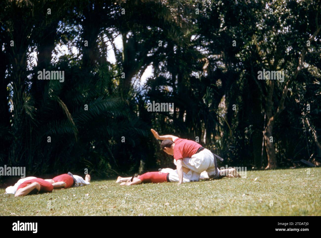 1950'S: A group of men practice karate flipping moves circa 1950's ...