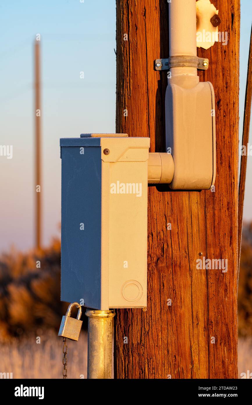 Telephone pole with an electrical connection box Stock Photo - Alamy