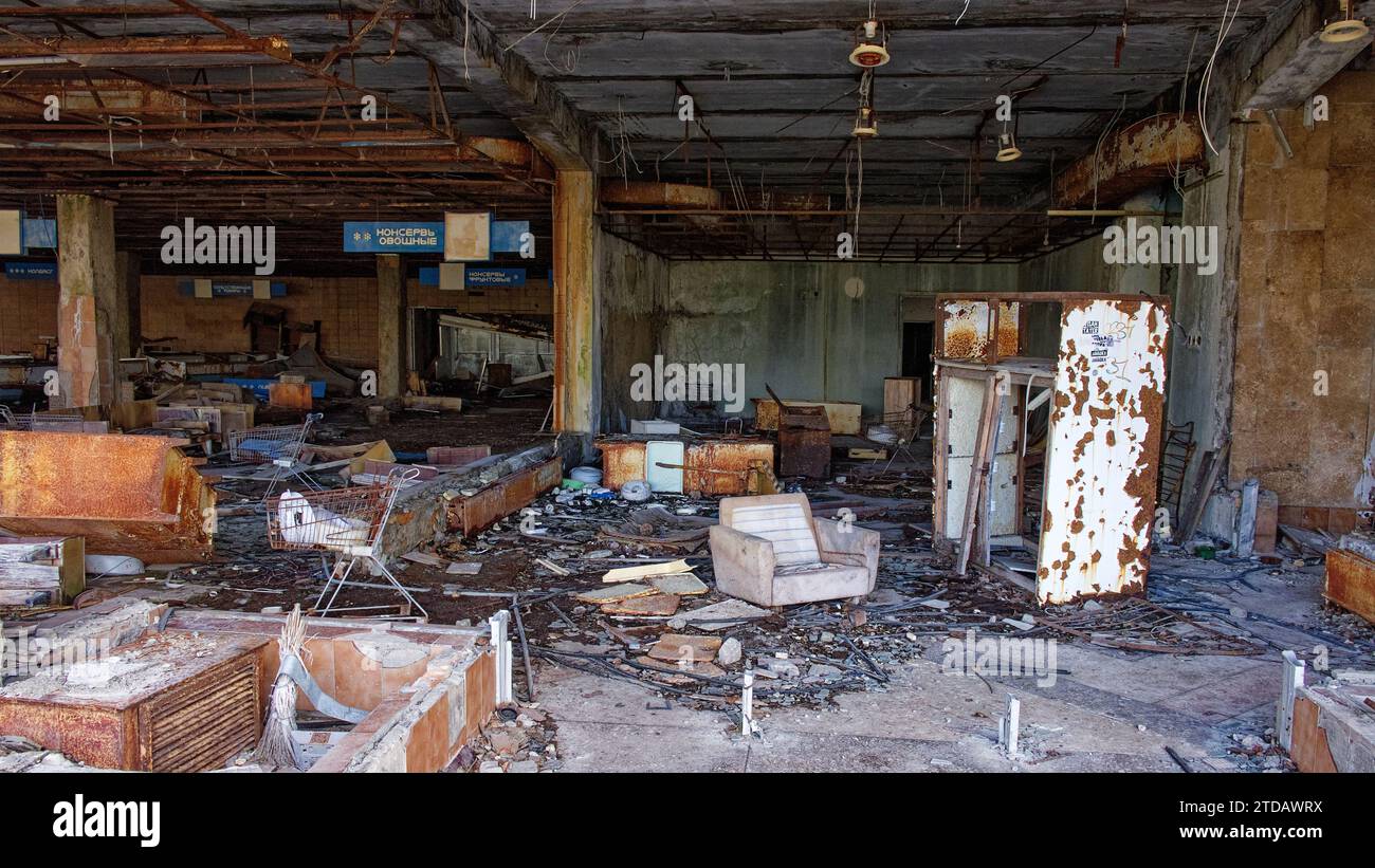 A plundered supermarket in the abandoned city of Pripyat. A dilapidated ...