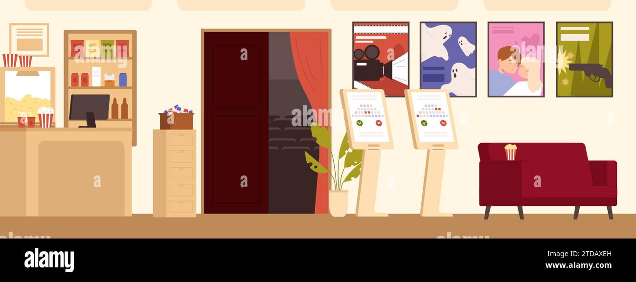 Cinema interior with popcorn stall, 3d glasses podium and rest area ...