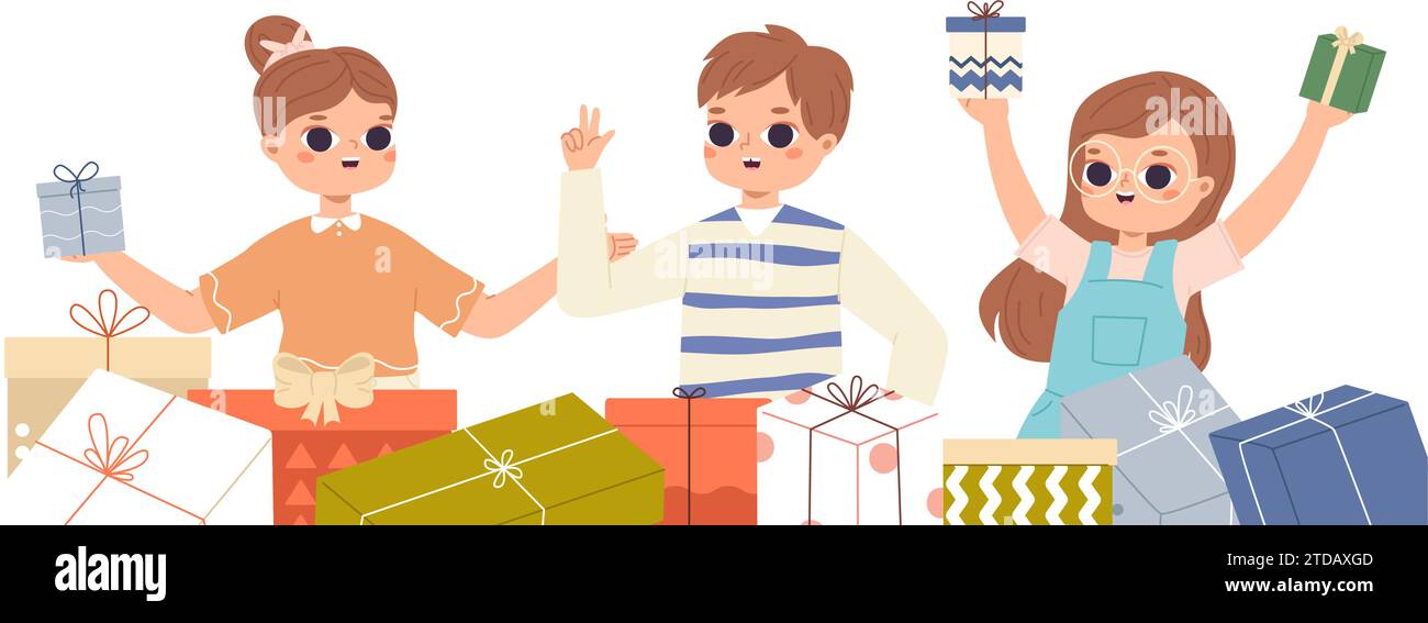 Happy children with gift boxes. Joyful kids holding present box and ...