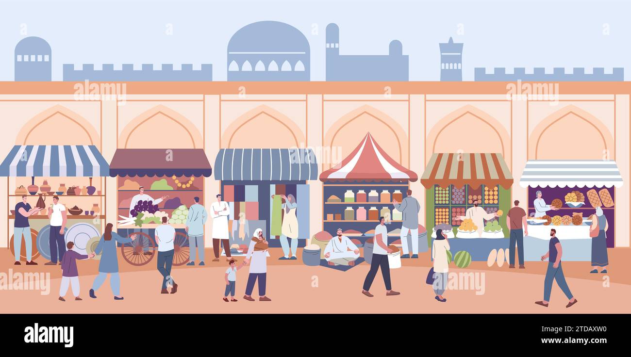 Asian street market. Local marketplace, arabian traditional counters ...