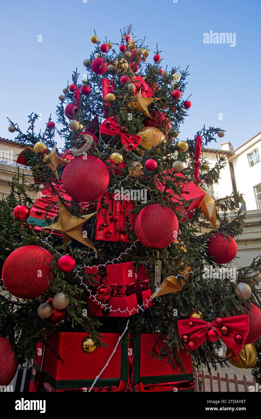 LYON, FRANCE, December 17, 2023 : Christmas tree and decorations in the Great Hotel-Dieu, an ...