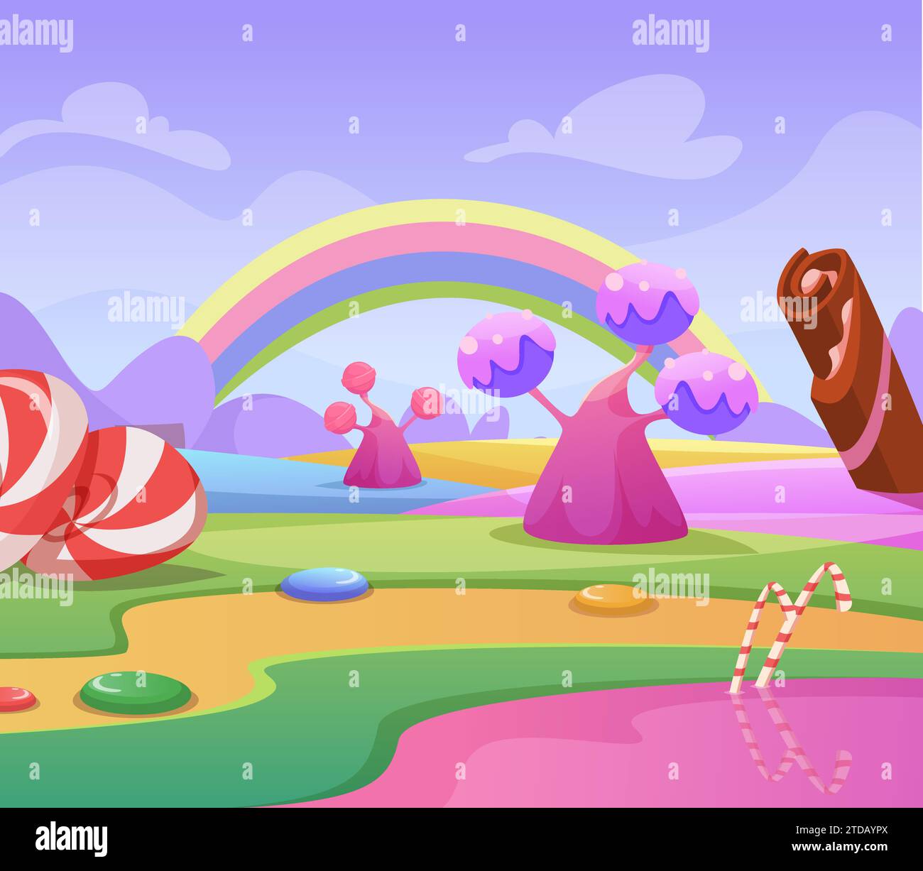 Candy landscape. Fairytale background with candy trees. Vector cartoon ...