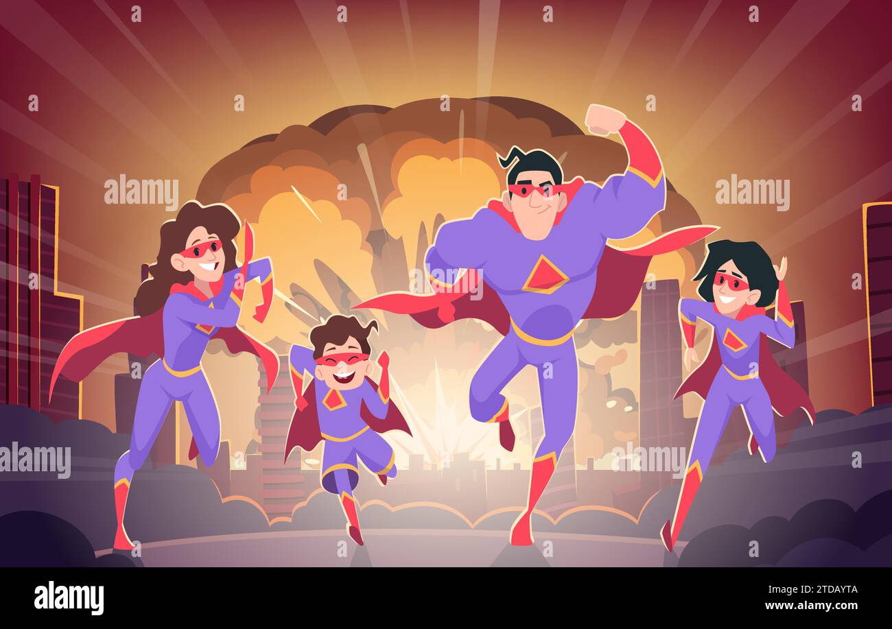 Cartoon heroes. Happy family kids and parents in superheroes costumes ...