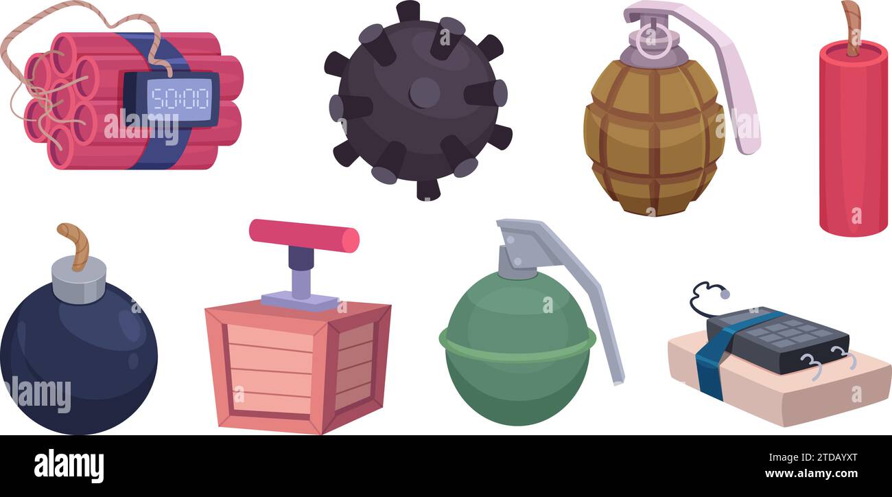 Dynamite. Cartoon bomb and military tools wartime explosive ammunition exact vector ...
