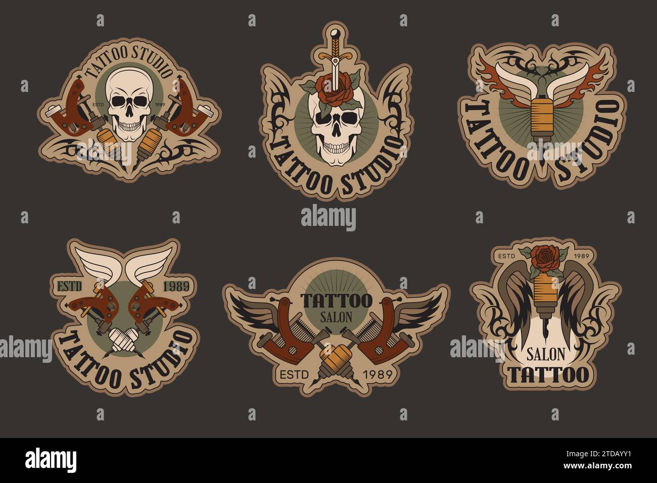 Tattoo badges. Art symbols for tattoo salon logo with place for text ...