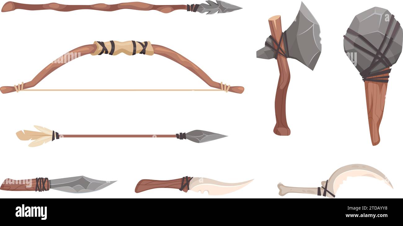 Prehistoric weapon. Wooden and stone tools for primitive cave people ...