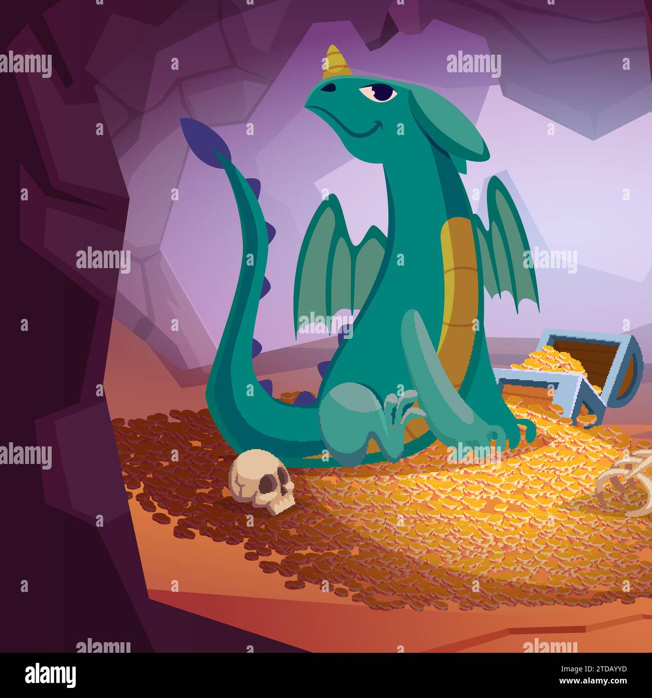 Dragon cave. Fantasy characters lizard sitting on golden coins hills ...