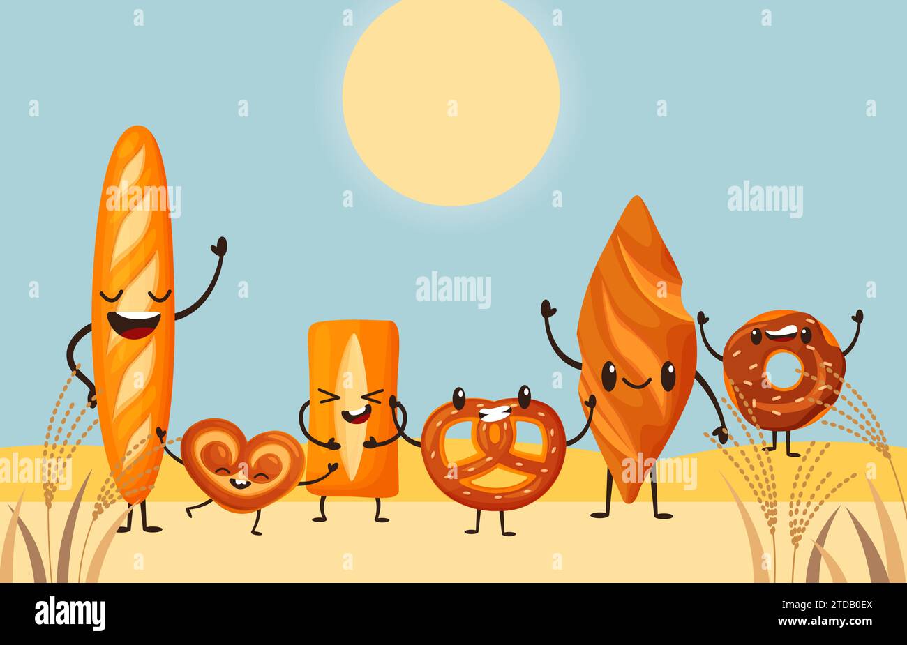 Cute cartoon bread characters. Funny baguette, bun and donuts ...