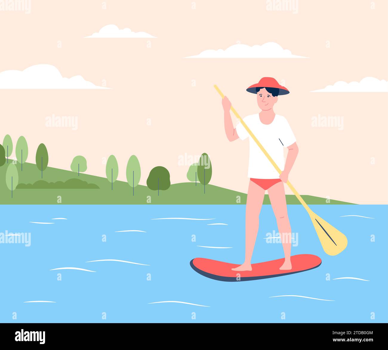 Sup board driving. Summer sea lake or river activity. Man with paddle training on water board ...