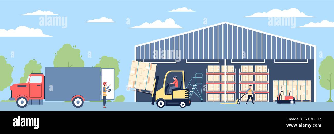 Workers unloading heavy truck in Stock Vector Images - Alamy