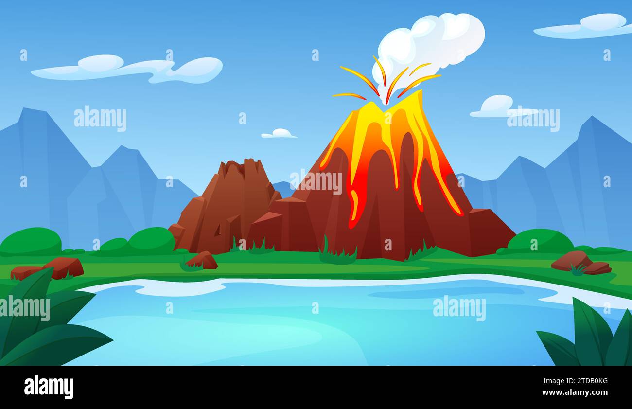 Volcano explosion landscape with magma and lava flows, fire and ash cloud. Eruption process ...