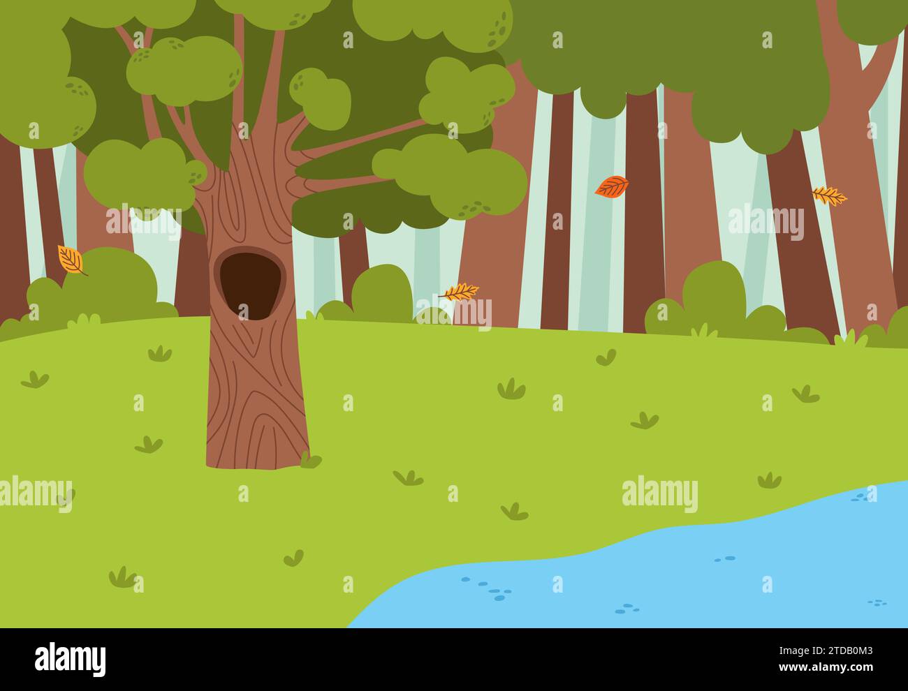 Cartoon forest and lake, green tree and falling leaves. Book ...
