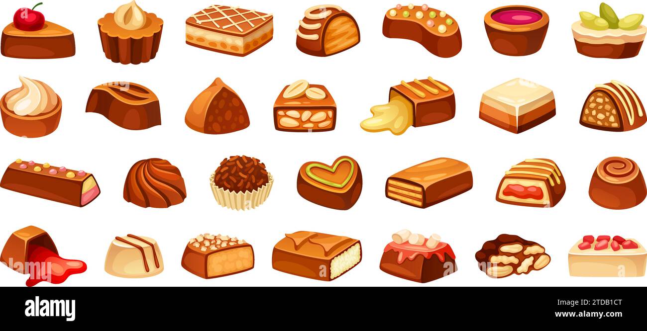 Chocolate handmade candies. Cartoon chocolates candy sweets, praline ...