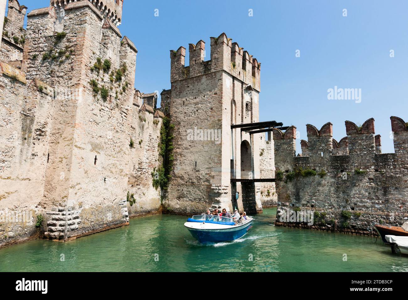 Architectural features of Italian castle. with moat on Lake Garda Stock ...