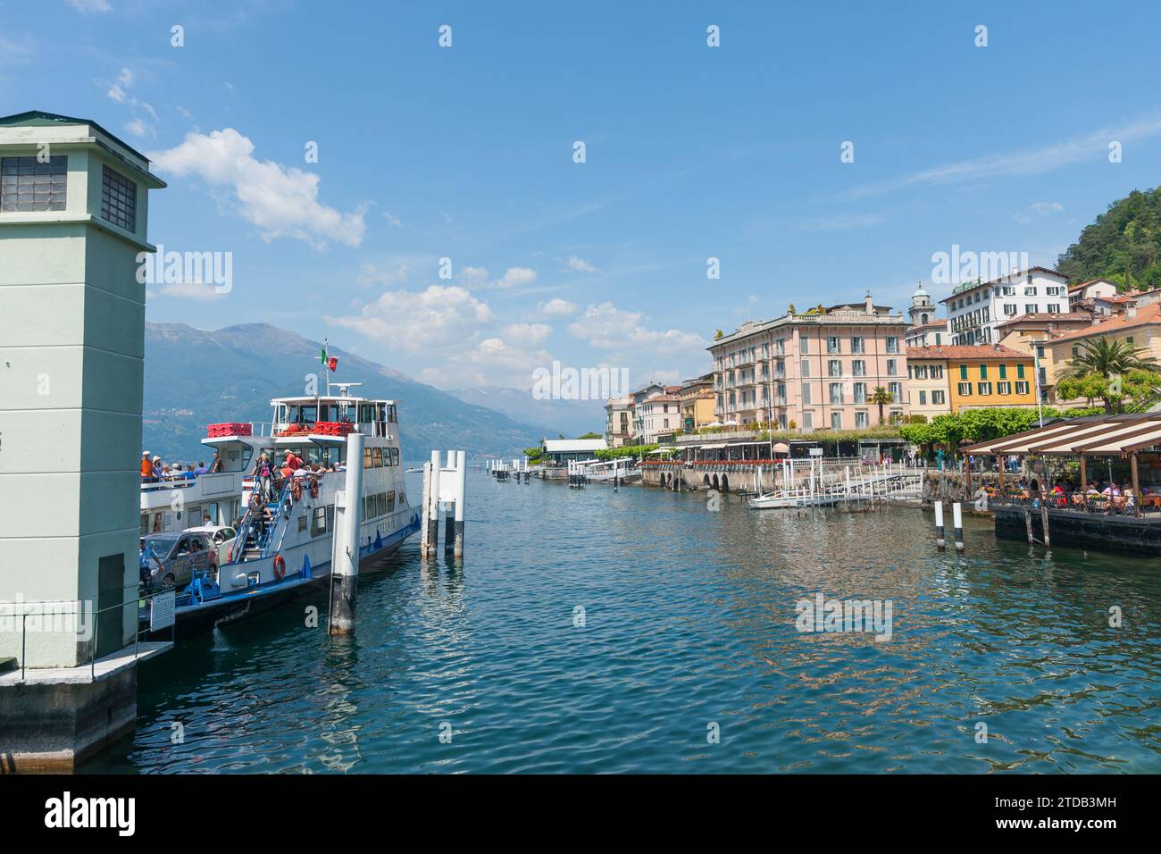 Bellagio Italy - May 8 2011; Waterfront of Lake Como with piers ...