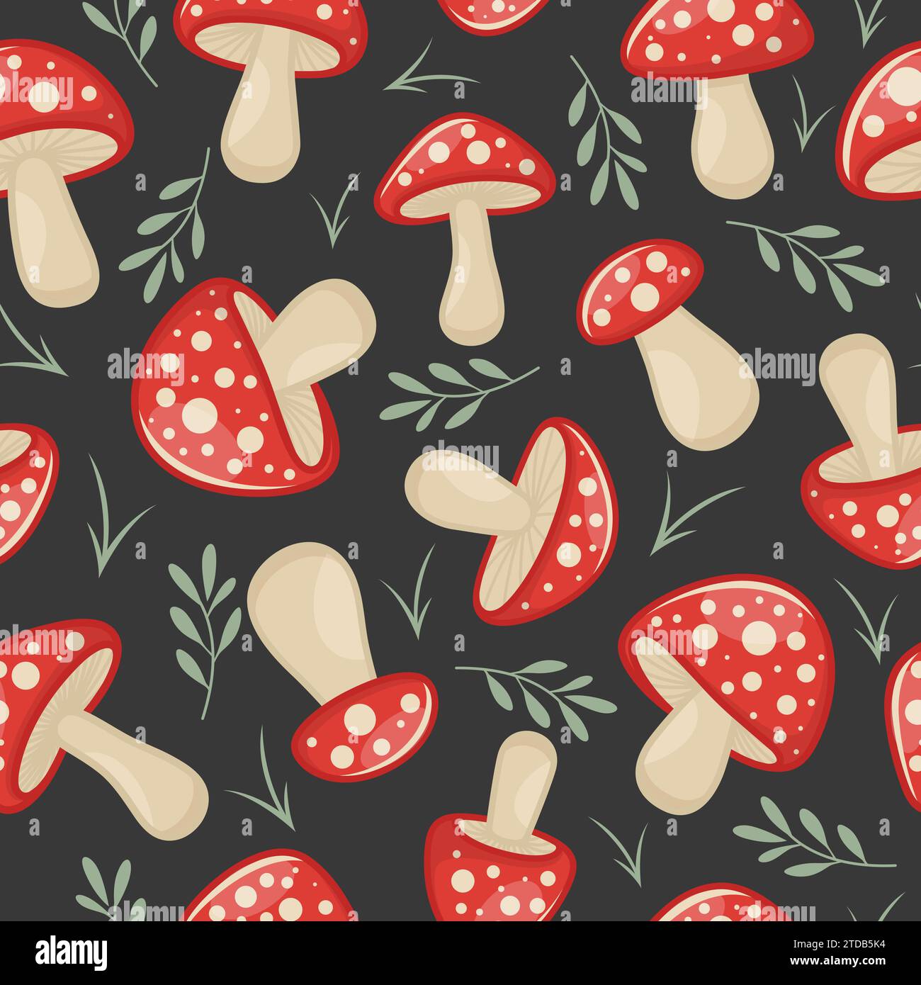 Vector Seamless Pattern With Hand Drawn Cartoon Mushrooms On A Black