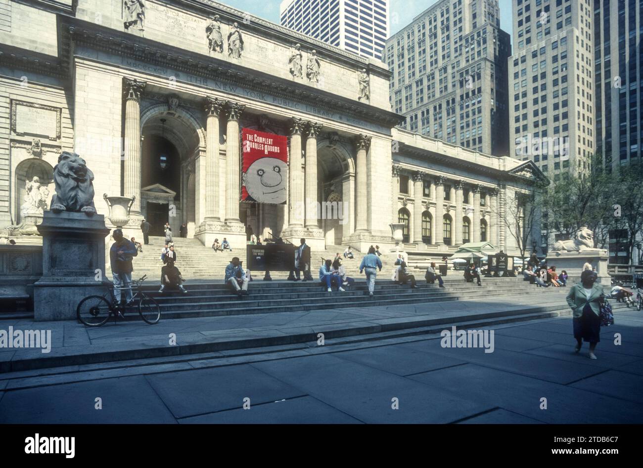 1994 archive photograph of New York Public Library with banner ...