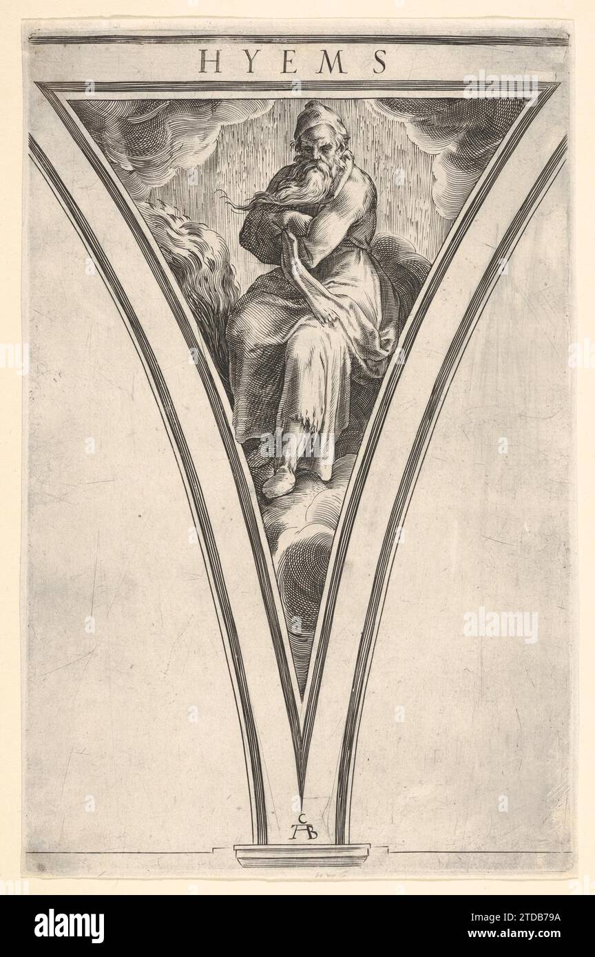Winter (Hyems), represented as a seated man crossing his arms across ...