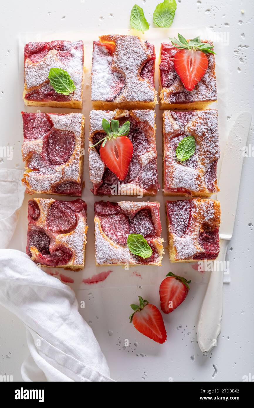 Delicious strawberry sponge cake with fruits and jelly. Summer fruit ...