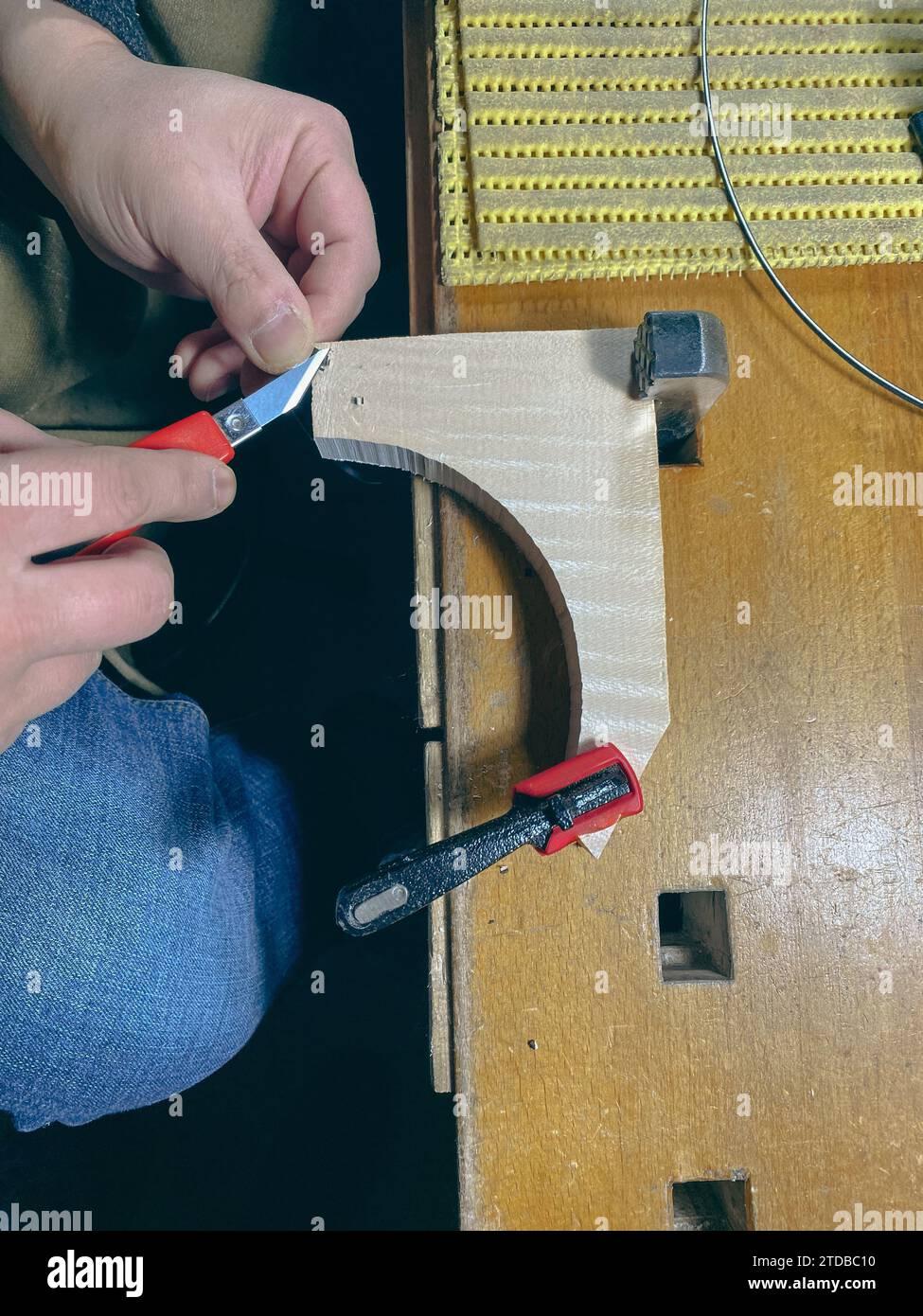 violin maker artisan cutting fillet purfling with tool to join other ...