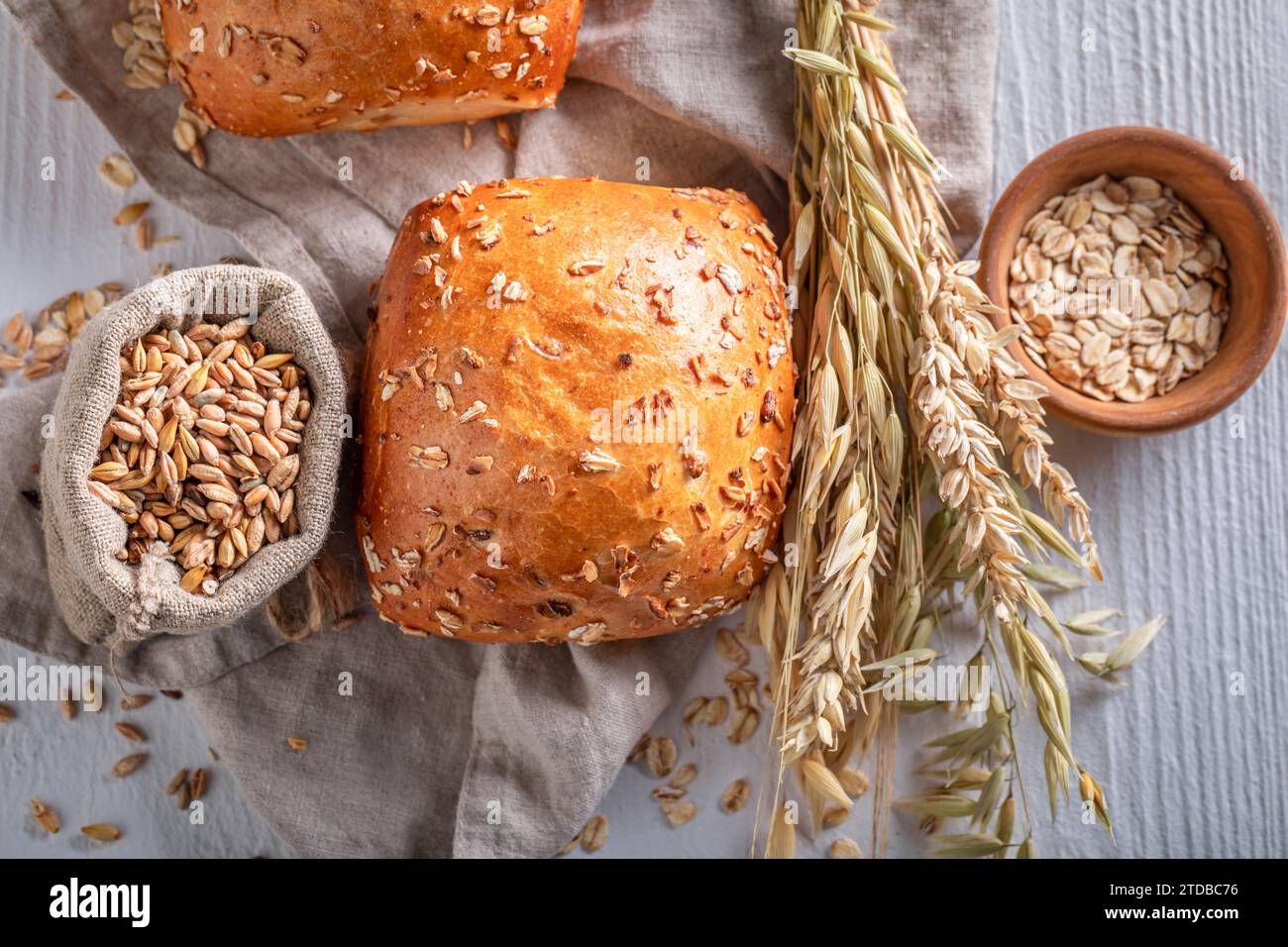 Wholegrains and healthy oat buns baked at home. Buns from the bakery ...