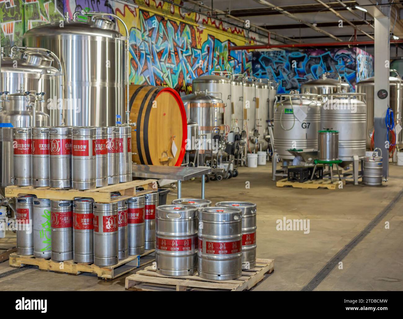 Stainless steel containers in the warehouse at Oxbow brewery Stock ...