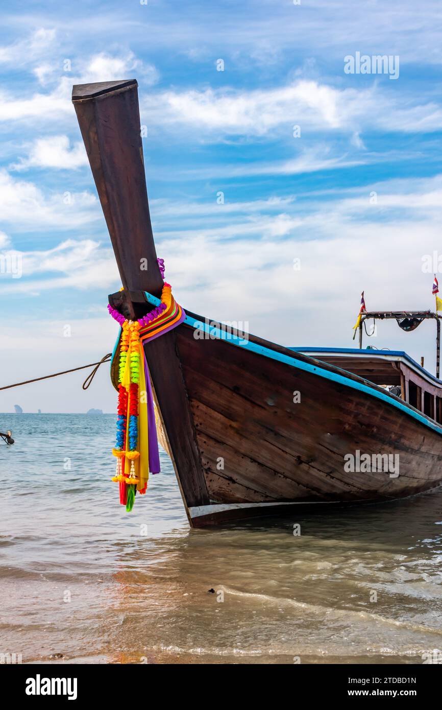 Low down view of long tail boat on Ao Nang Beach, Krabi, Thiland Stock ...
