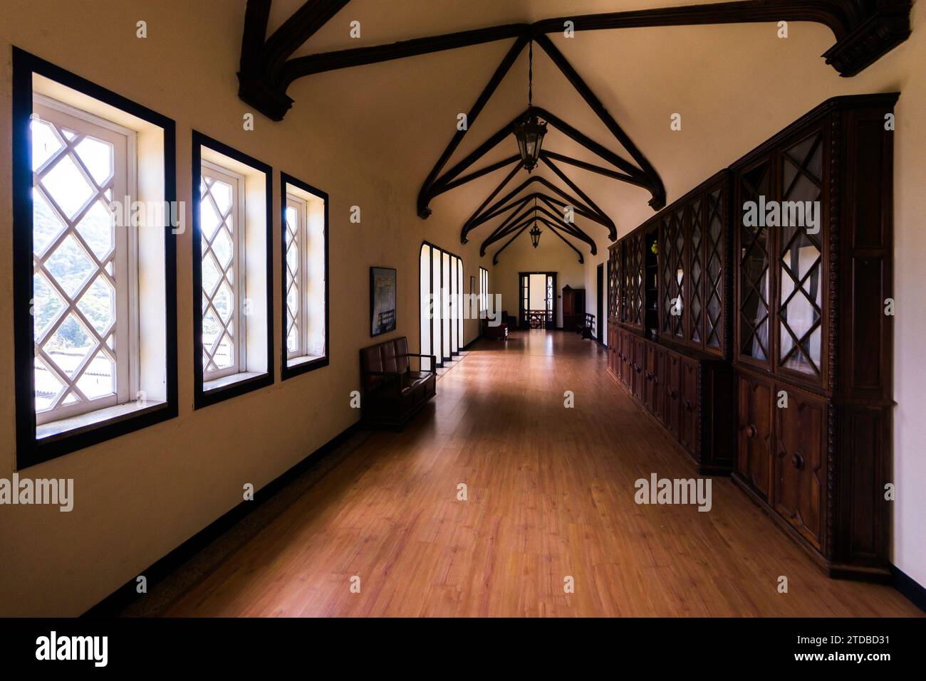 Medieval Corridor With Windows on the Left at Wooden Furniture on the ...