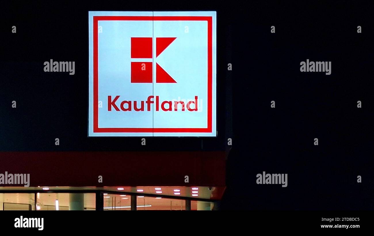 Kaufland logo on hypermarket from German chain, part of Schwartz Gruppe ...