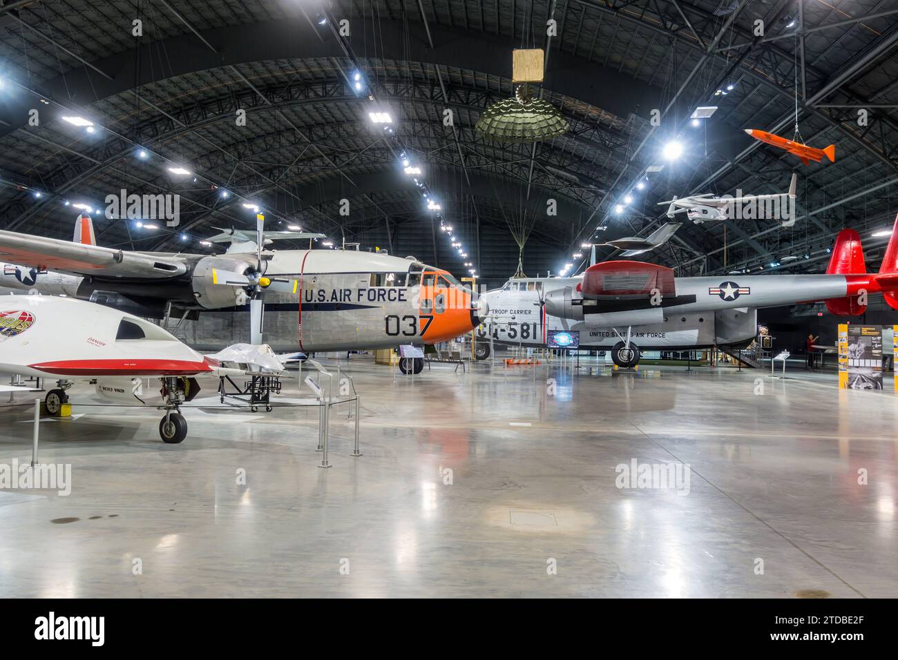 US Air force war planes on display in one of the hanger in National Museum of the US Air Force ...