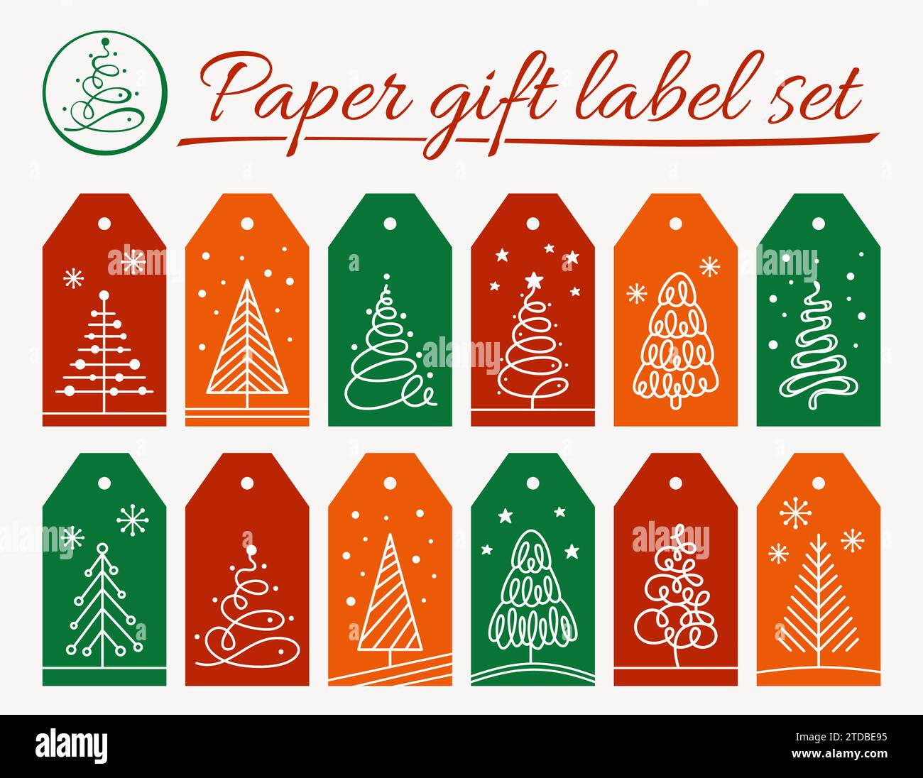 Christmas gift tag with tree doodle cartoon set. New Years and xmas ...