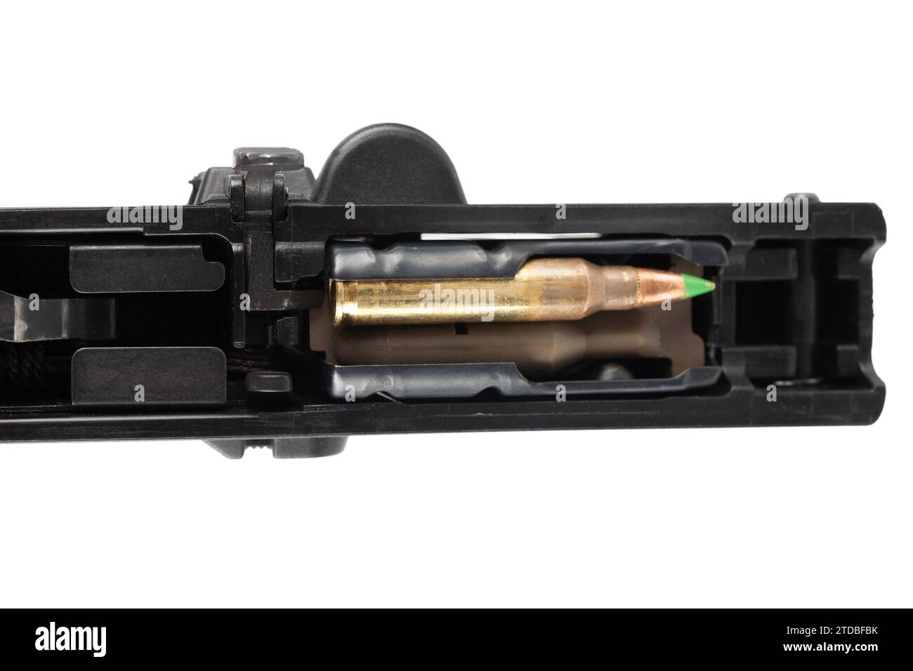 disassembled assault rifle. cartridge in the receiver isolated on white ...
