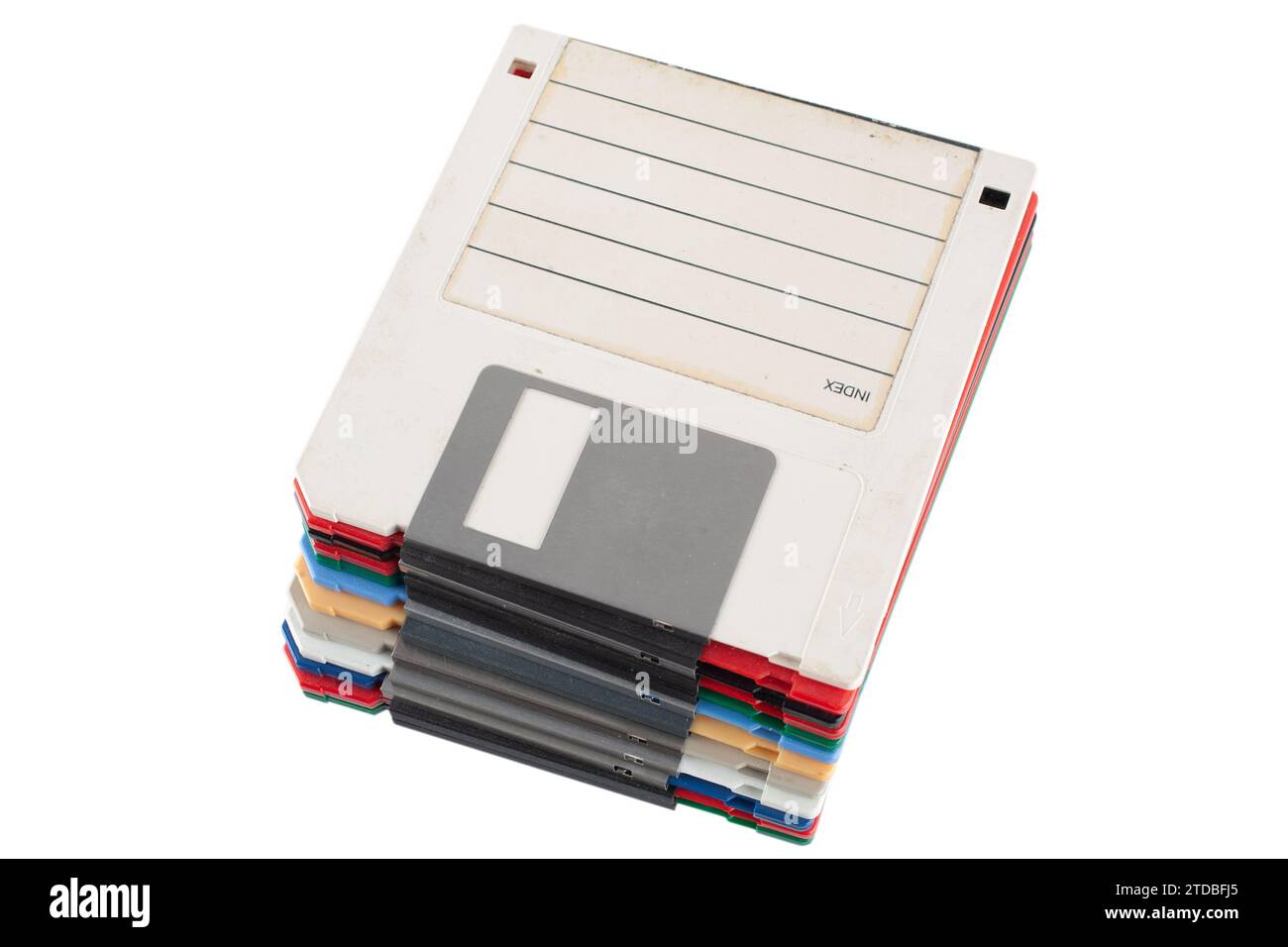 Colored old retro floppy diskettes in stack. Isolated on white ...