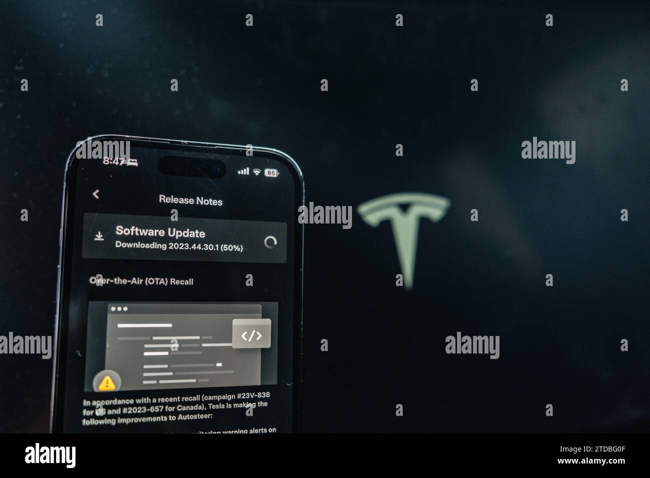 View of autosteer menu on a mobile phone screen, Tesla is recalling ...