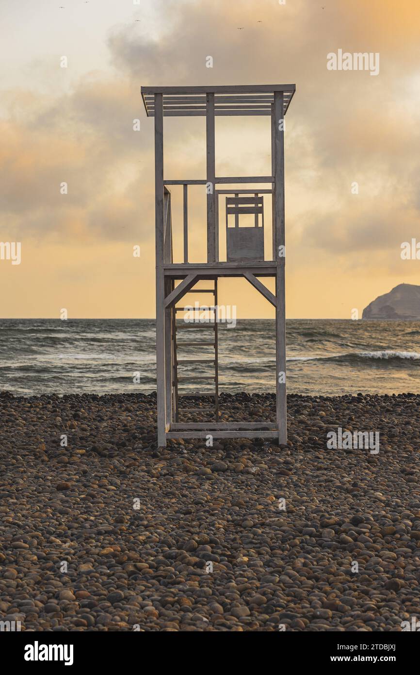 Wooden white baywatch lookout tower, Playa el Malecon, La Punta, Lima ...