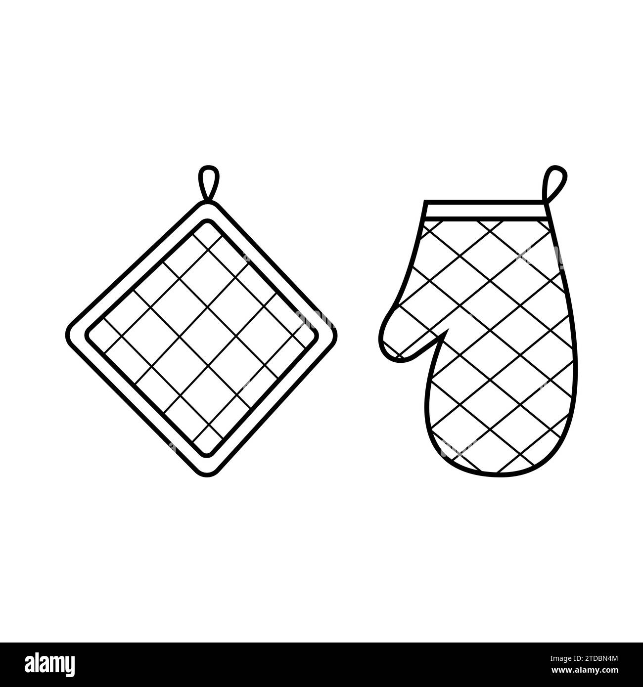Kitchen oven mitt and potholder. Isolated vector illustration in linear ...