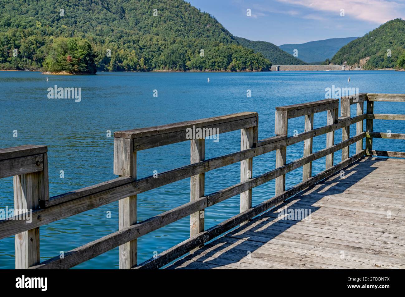 The railing on the dock into Lake Watuga at the Rat Branch Boat Ramp in ...
